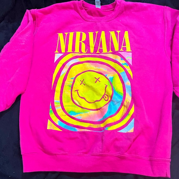 NIRVANA | Sweaters | Nirvana Pink And Yellow Smiley Face Sweatshirt ...